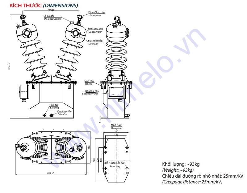 Máy biến áp cấp nguồn ngâm dầu 22kV 2 sứ Emic
